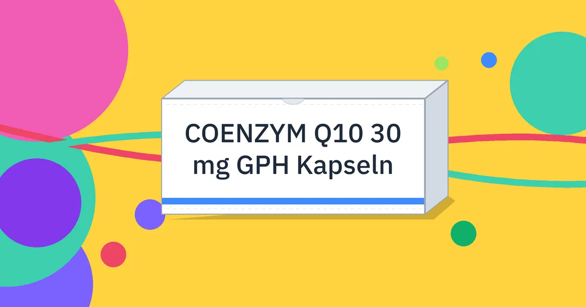 Symbolbild: Packung mit der Aufschrift COENZYM Q10 30 mg GPH Kapseln (PZN 06832658) – Verfügbarkeit und Bezug in Apotheken in Frankfurt am Main