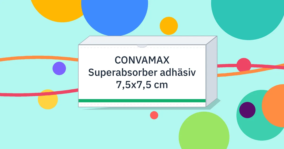 Symbolbild: Packung mit der Aufschrift CONVAMAX Superabsorber adhäsiv 7,5x7,5 cm (PZN 15634420) – Verfügbarkeit und Bezug in Apotheken in Frankfurt am Main