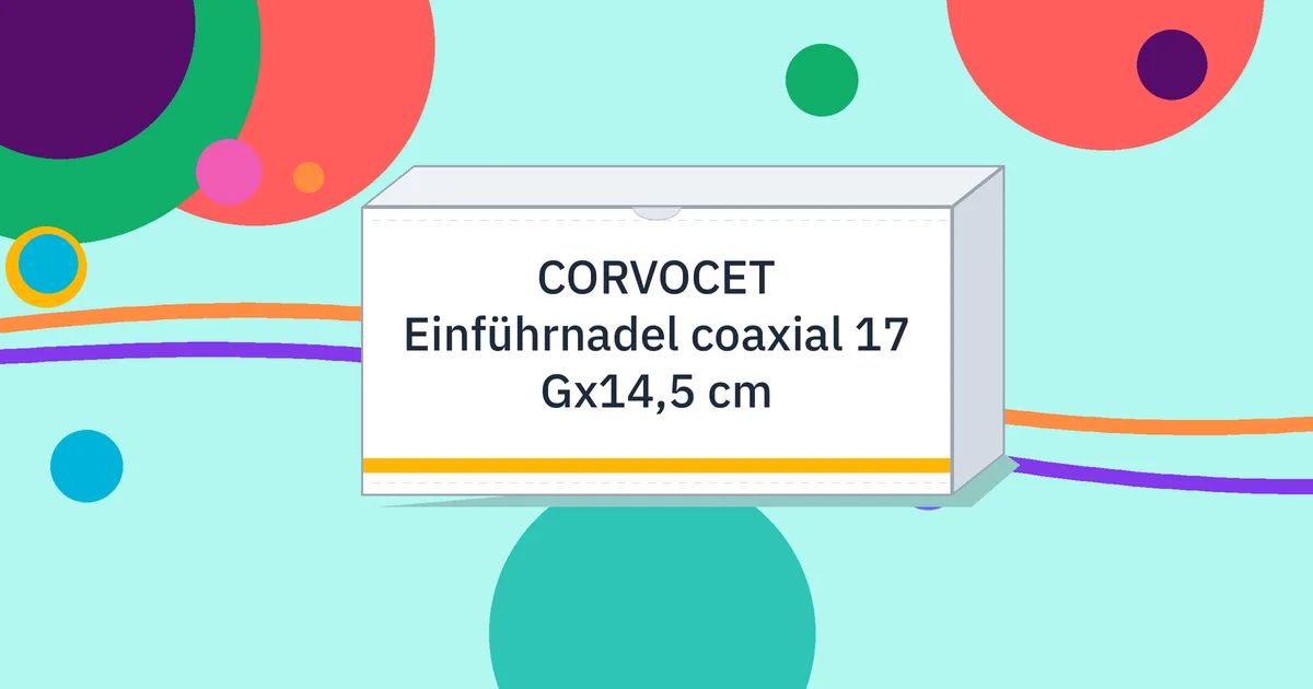 Symbolbild: Packung mit der Aufschrift CORVOCET Einführnadel coaxial 17 Gx14,5 cm (PZN 18764270) – Verfügbarkeit und Bezug in Apotheken in Frankfurt am Main