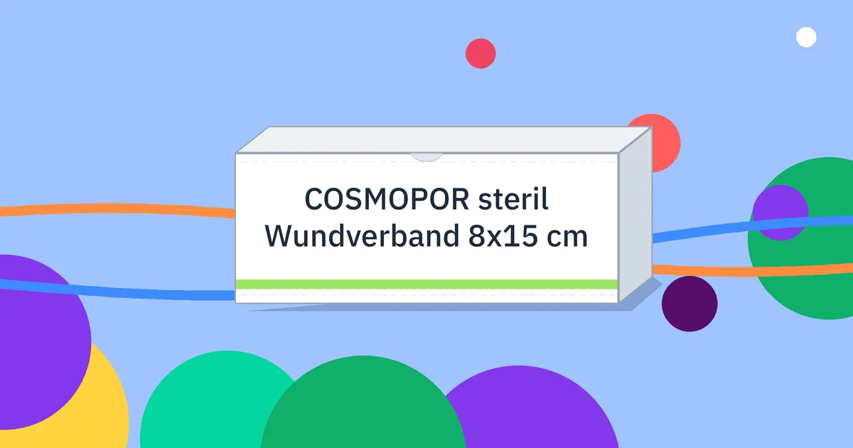 Symbolbild: Packung mit der Aufschrift COSMOPOR steril Wundverband 8x15 cm (PZN 18715490) – Verfügbarkeit und Bezug in Apotheken in Frankfurt am Main