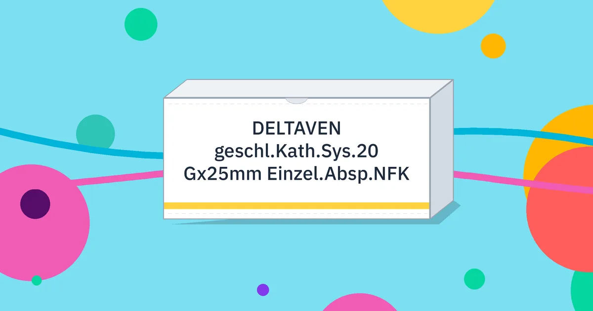 Symbolbild: Packung mit der Aufschrift DELTAVEN geschl.Kath.Sys.20 Gx25mm Einzel.Absp.NFK (PZN 13977328) – Verfügbarkeit und Bezug in Apotheken in Frankfurt am Main