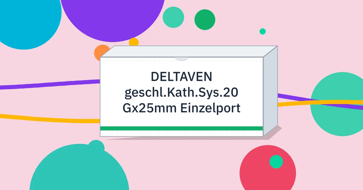 Symbolbild: Packung mit der Aufschrift DELTAVEN geschl.Kath.Sys.20 Gx25mm Einzelport (PZN 13976932) – Verfügbarkeit und Bezug in Apotheken in Frankfurt am Main