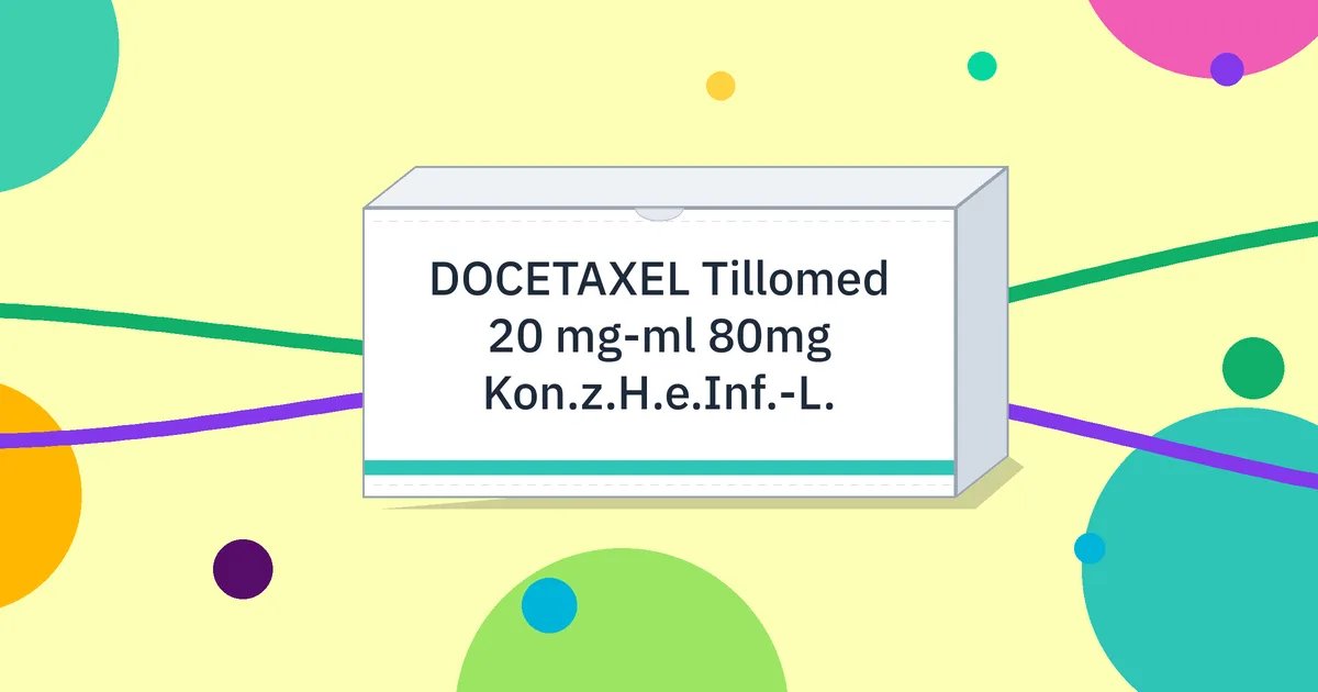 Symbolbild: Packung mit der Aufschrift DOCETAXEL Tillomed 20 mg-ml 80mg Kon.z.H.e.Inf.-L. (PZN 13595851) – Verfügbarkeit und Bezug in Apotheken in Frankfurt am Main