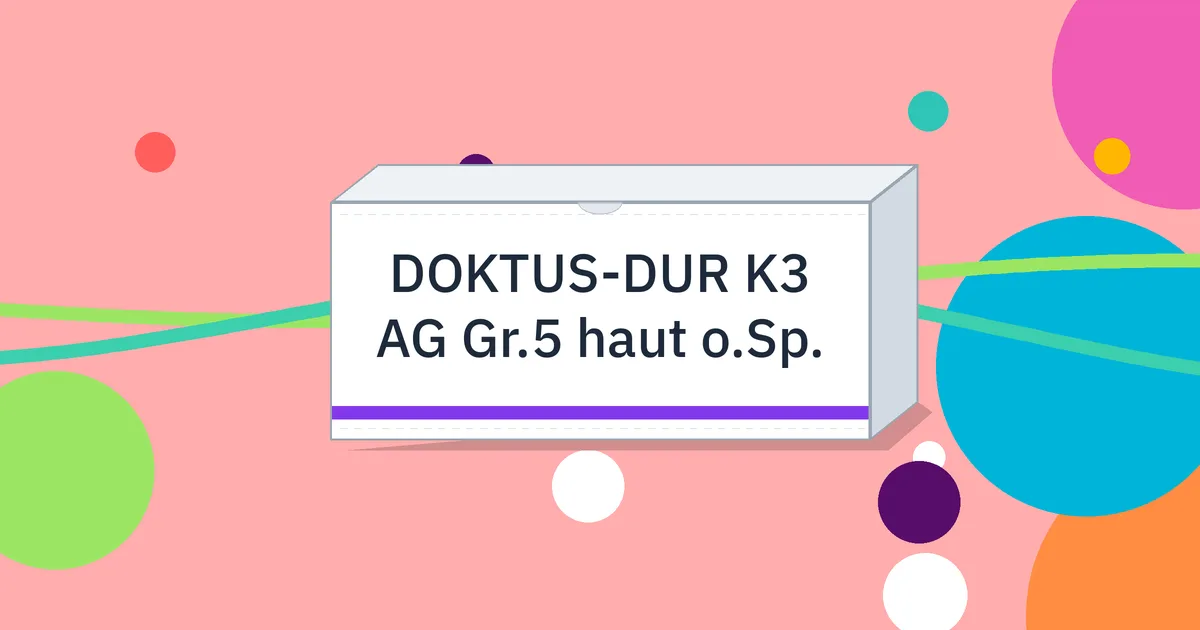 Symbolbild: Packung mit der Aufschrift DOKTUS-DUR K3 AG Gr.5 haut o.Sp. (PZN 00597191) – Verfügbarkeit und Bezug in Apotheken in Frankfurt am Main