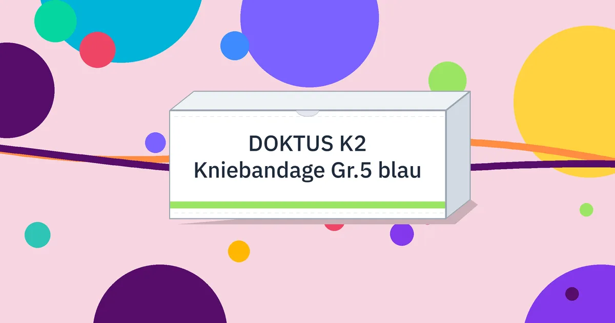 Symbolbild: Packung mit der Aufschrift DOKTUS K2 Kniebandage Gr.5 blau (PZN 03309933) – Verfügbarkeit und Bezug in Apotheken in Frankfurt am Main