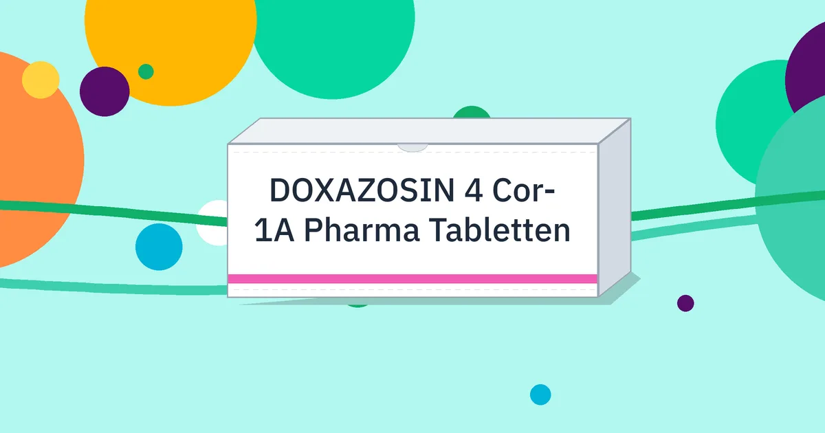 Symbolbild: Packung mit der Aufschrift DOXAZOSIN 4 Cor-1A Pharma Tabletten (PZN 02213585) – Verfügbarkeit und Bezug in Apotheken in Frankfurt am Main