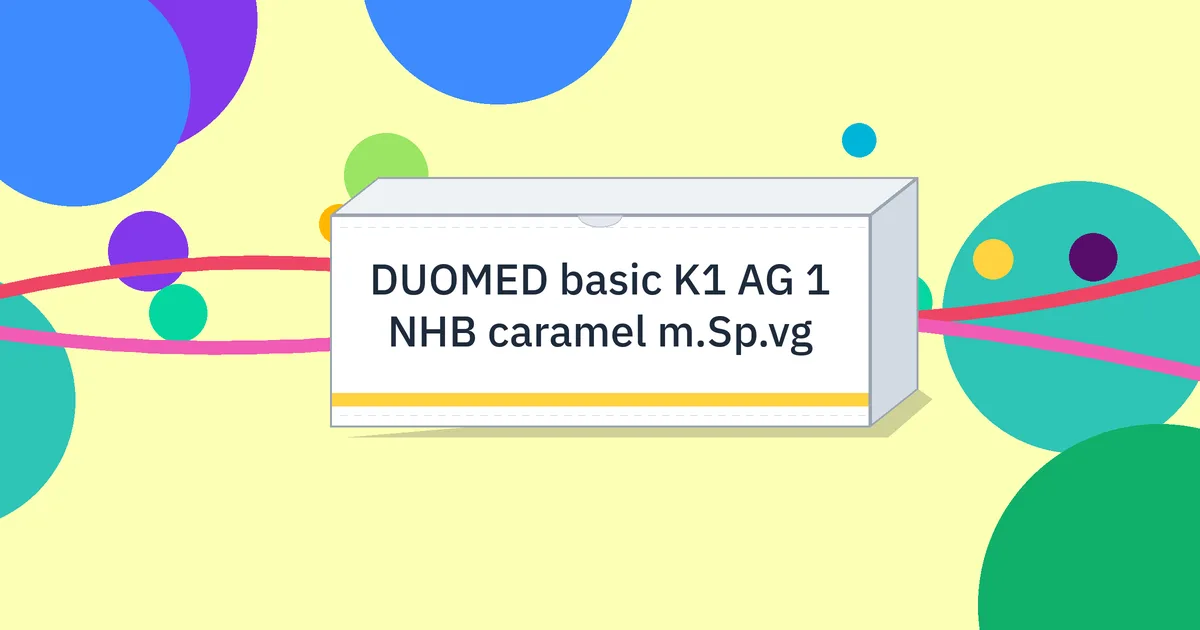 Symbolbild: Packung mit der Aufschrift DUOMED basic K1 AG 1 NHB caramel m.Sp.vg (PZN 20905329) – Verfügbarkeit und Bezug in Apotheken in Frankfurt am Main