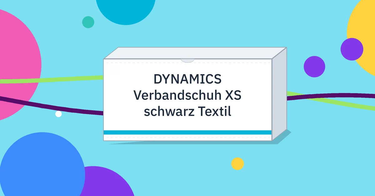 Symbolbild: Packung mit der Aufschrift DYNAMICS Verbandschuh XS schwarz Textil (PZN 10635745) – Verfügbarkeit und Bezug in Apotheken in Frankfurt am Main