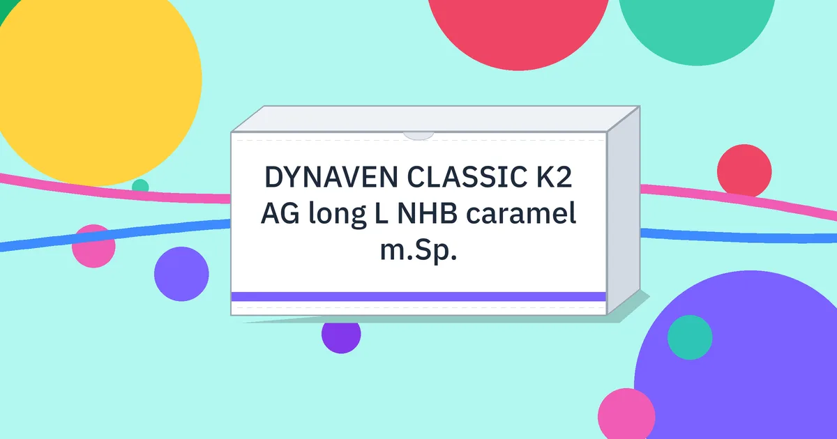Symbolbild: Packung mit der Aufschrift DYNAVEN CLASSIC K2 AG long L NHB caramel m.Sp. (PZN 18418757) – Verfügbarkeit und Bezug in Apotheken in Frankfurt am Main