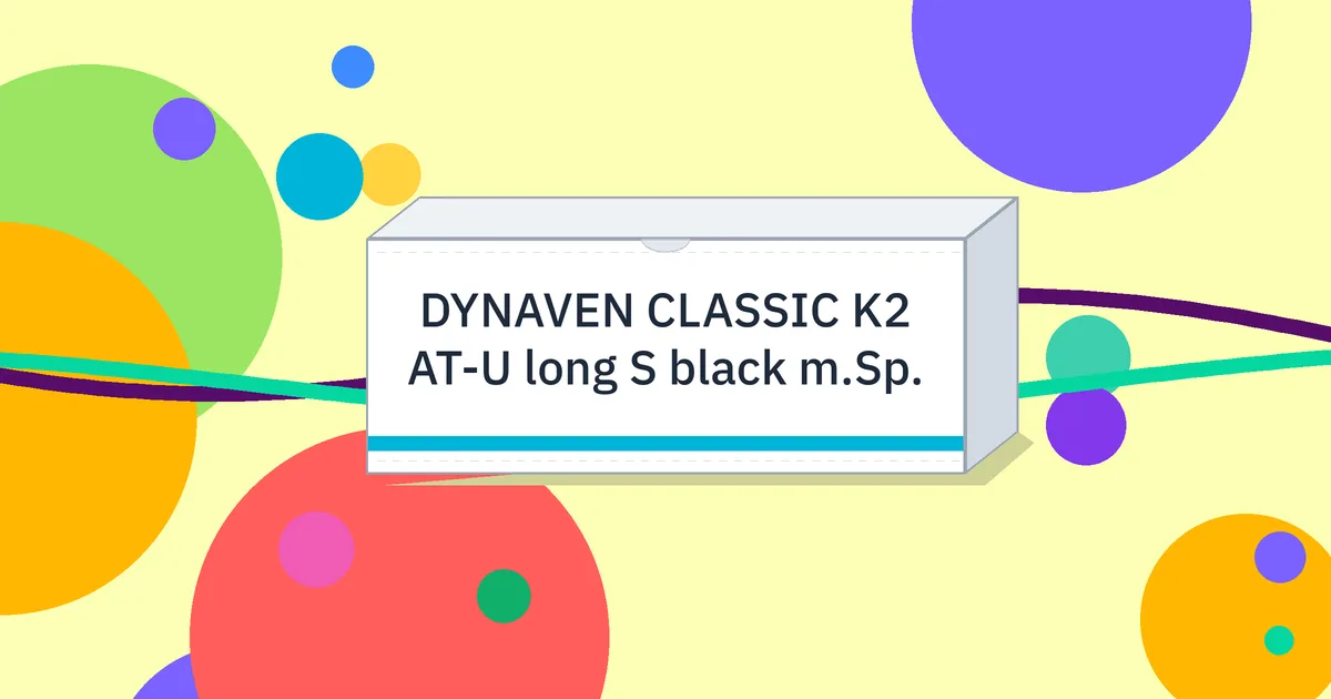 Symbolbild: Packung mit der Aufschrift DYNAVEN CLASSIC K2 AT-U long S black m.Sp. (PZN 18419751) – Verfügbarkeit und Bezug in Apotheken in Frankfurt am Main