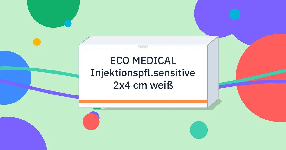 Symbolbild: Packung mit der Aufschrift ECO MEDICAL Injektionspfl.sensitive 2x4 cm weiß (PZN 13426605) – Verfügbarkeit und Bezug in Apotheken in Frankfurt am Main