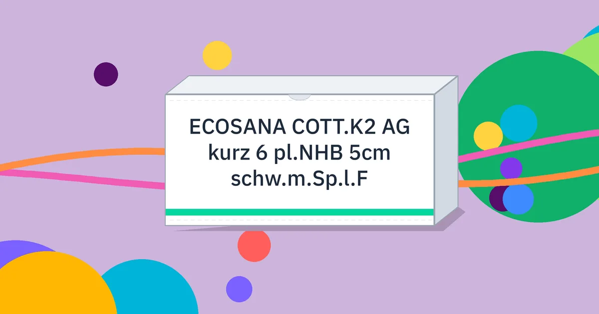 Symbolbild: Packung mit der Aufschrift ECOSANA COTT.K2 AG kurz 6 pl.NHB 5cm schw.m.Sp.l.F (PZN 16950749) – Verfügbarkeit und Bezug in Apotheken in Frankfurt am Main