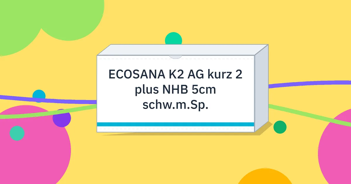 Symbolbild: Packung mit der Aufschrift ECOSANA K2 AG kurz 2 plus NHB 5cm schw.m.Sp. (PZN 01388785) – Verfügbarkeit und Bezug in Apotheken in Frankfurt am Main