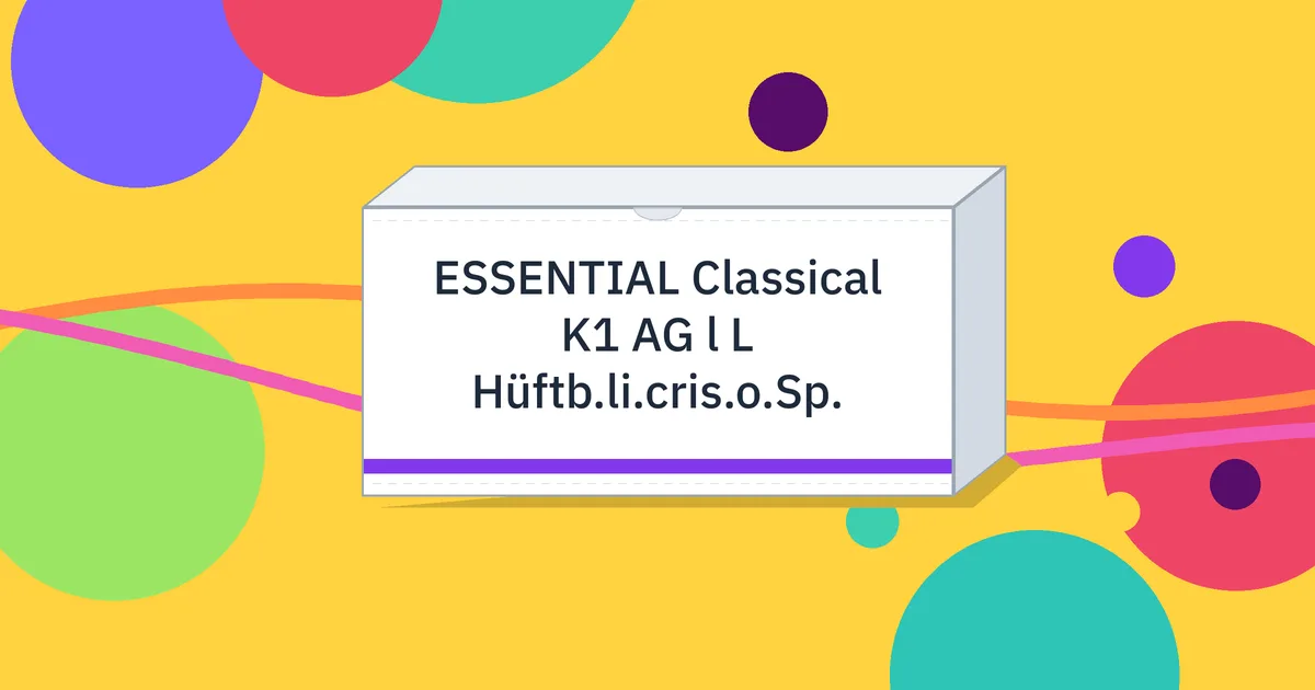 Symbolbild: Packung mit der Aufschrift ESSENTIAL Classical K1 AG l L Hüftb.li.cris.o.Sp. (PZN 17011999) – Verfügbarkeit und Bezug in Apotheken in Frankfurt am Main