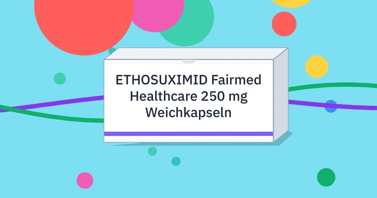 Symbolbild: Packung mit der Aufschrift ETHOSUXIMID Fairmed Healthcare 250 mg Weichkapseln (PZN 16564288) – Verfügbarkeit und Bezug in Apotheken in Frankfurt am Main