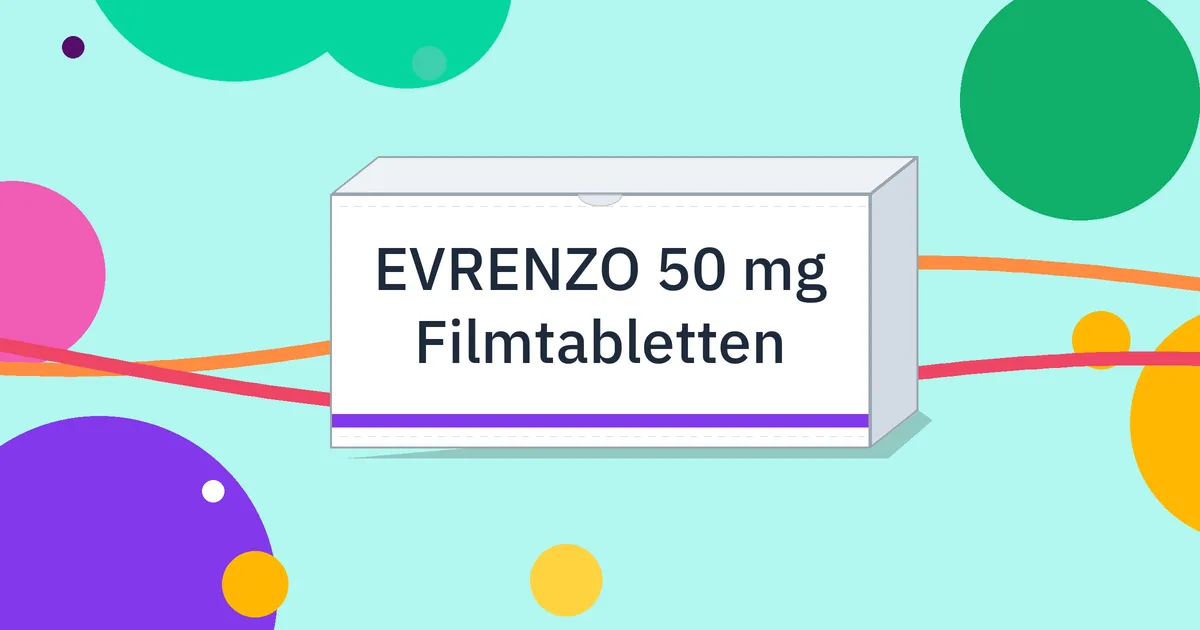 Symbolbild: Packung mit der Aufschrift EVRENZO 50 mg Filmtabletten (PZN 19847673) – Verfügbarkeit und Bezug in Apotheken in Frankfurt am Main