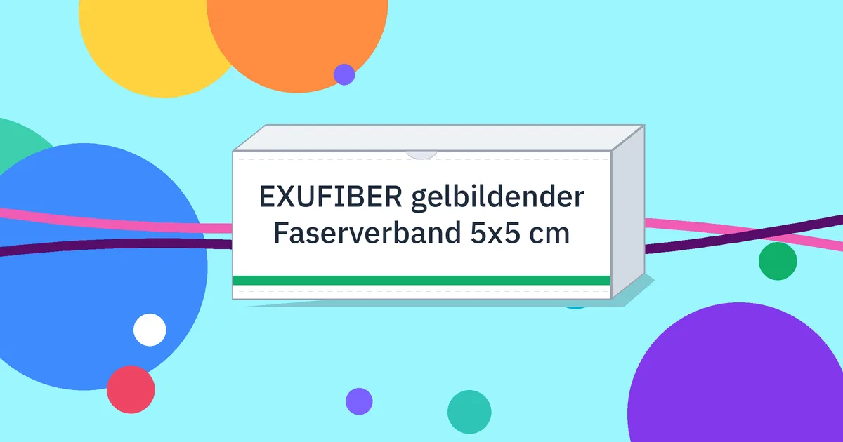 Symbolbild: Packung mit der Aufschrift EXUFIBER gelbildender Faserverband 5x5 cm (PZN 11152090) – Verfügbarkeit und Bezug in Apotheken in Frankfurt am Main