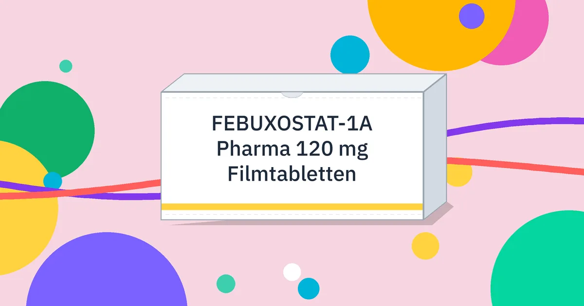 Symbolbild: Packung mit der Aufschrift FEBUXOSTAT-1A Pharma 120 mg Filmtabletten (PZN 14337016) – Verfügbarkeit und Bezug in Apotheken in Frankfurt am Main