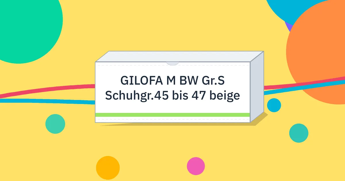 Symbolbild: Packung mit der Aufschrift GILOFA M BW Gr.S Schuhgr.45 bis 47 beige (PZN 16724349) – Verfügbarkeit und Bezug in Apotheken in Frankfurt am Main