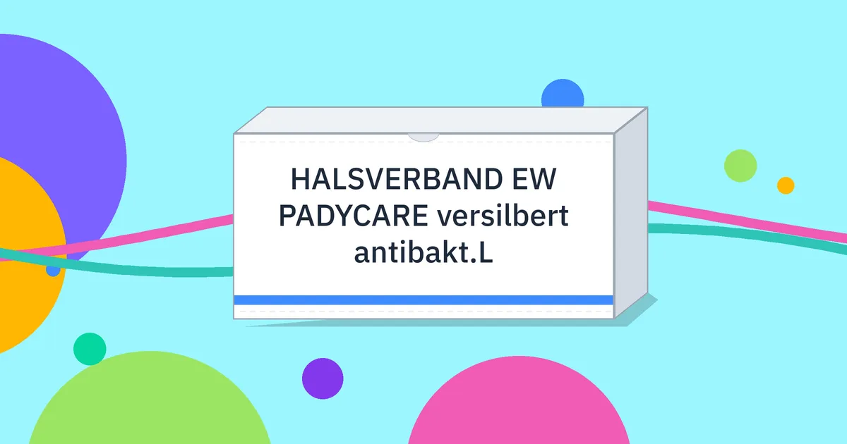 Symbolbild: Packung mit der Aufschrift HALSVERBAND EW PADYCARE versilbert antibakt.L (PZN 10939942) – Verfügbarkeit und Bezug in Apotheken in Frankfurt am Main