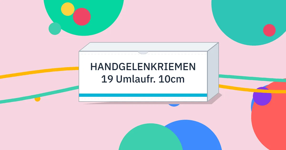 Symbolbild: Packung mit der Aufschrift HANDGELENKRIEMEN 19 Umlaufr. 10cm (PZN 01962787) – Verfügbarkeit und Bezug in Apotheken in Frankfurt am Main