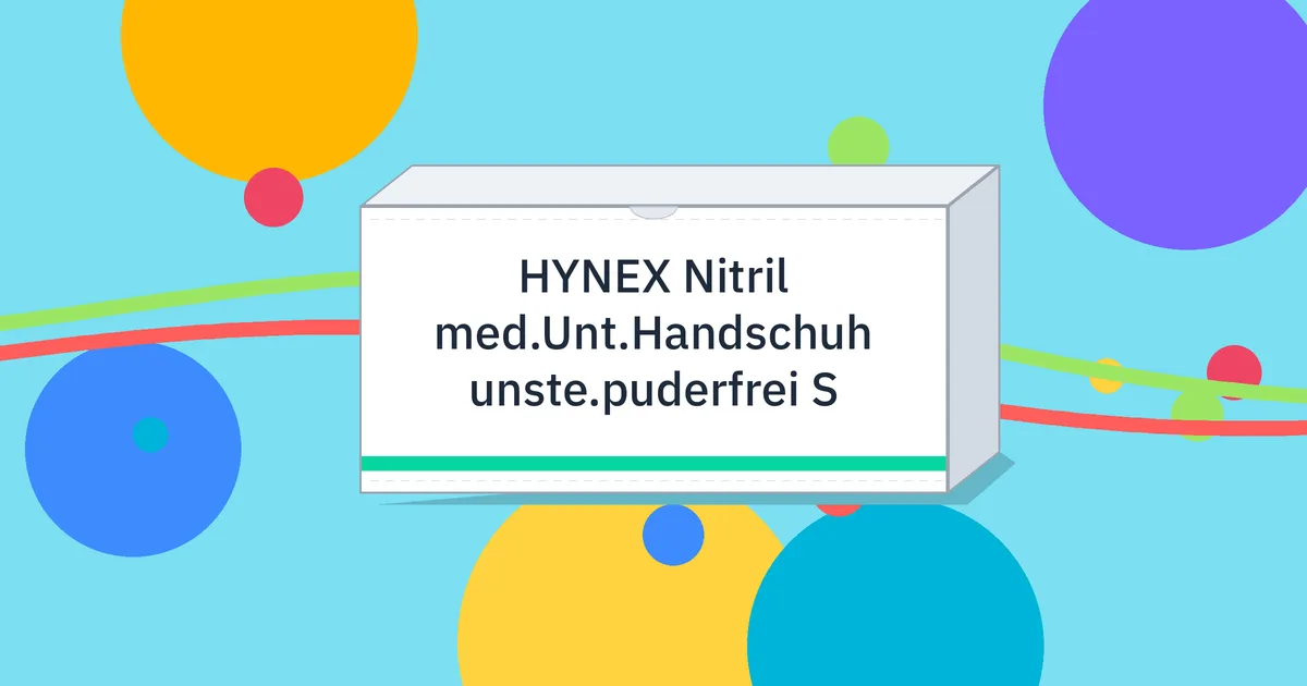 Symbolbild: Packung mit der Aufschrift HYNEX Nitril med.Unt.Handschuh unste.puderfrei S (PZN 19883338) – Verfügbarkeit und Bezug in Apotheken in Frankfurt am Main