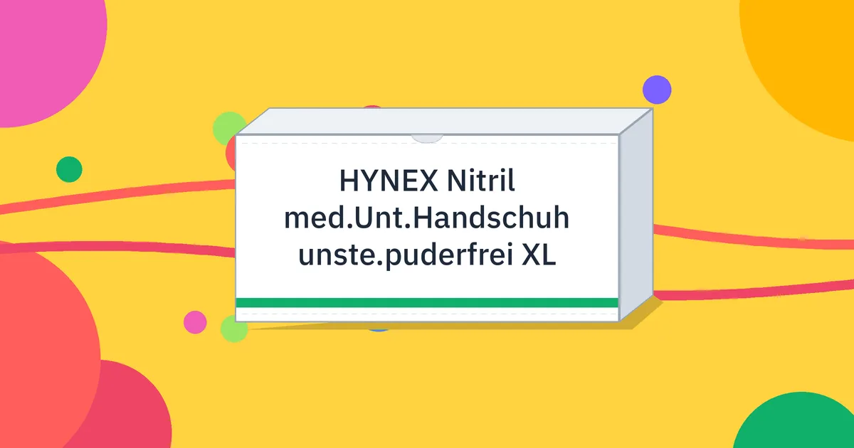 Symbolbild: Packung mit der Aufschrift HYNEX Nitril med.Unt.Handschuh unste.puderfrei XL (PZN 19883309) – Verfügbarkeit und Bezug in Apotheken in Frankfurt am Main