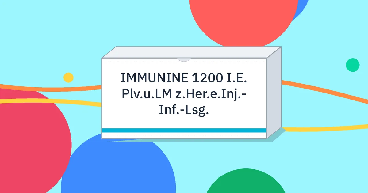 Symbolbild: Packung mit der Aufschrift IMMUNINE 1200 I.E. Plv.u.LM z.Her.e.Inj.-Inf.-Lsg. (PZN 17482983) – Verfügbarkeit und Bezug in Apotheken in Frankfurt am Main