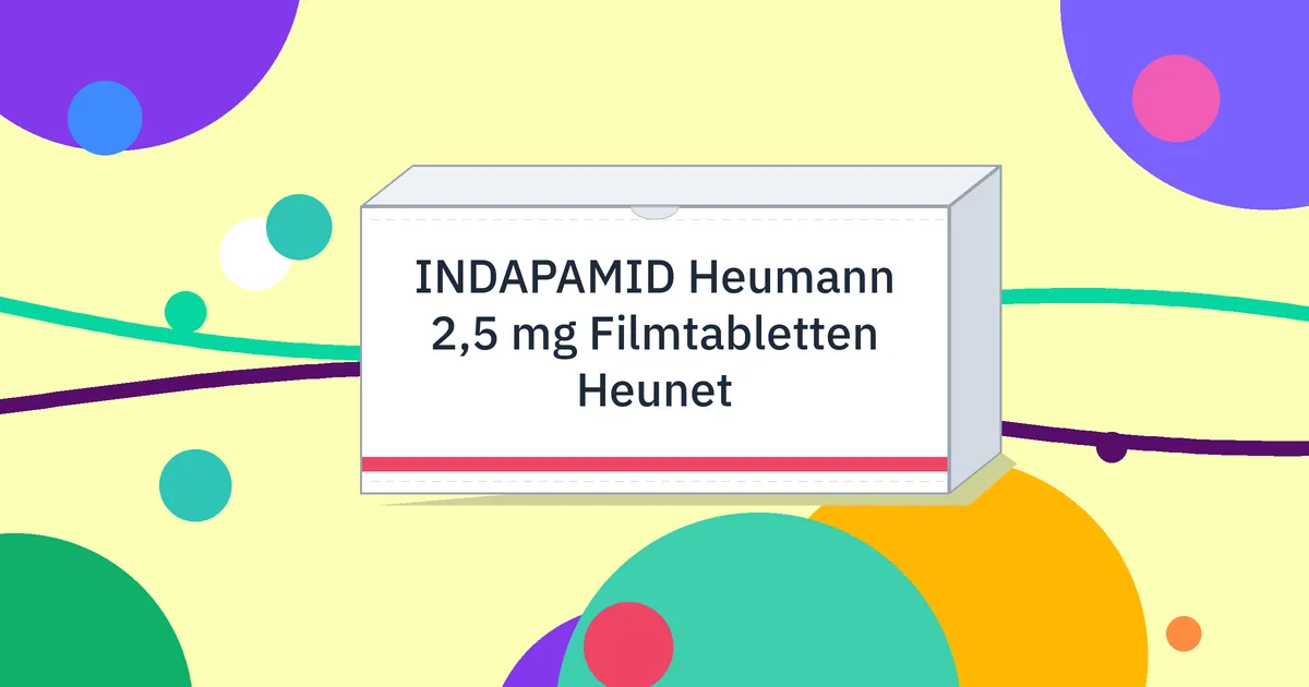 Symbolbild: Packung mit der Aufschrift INDAPAMID Heumann 2,5 mg Filmtabletten Heunet (PZN 17147888) – Verfügbarkeit und Bezug in Apotheken in Frankfurt am Main