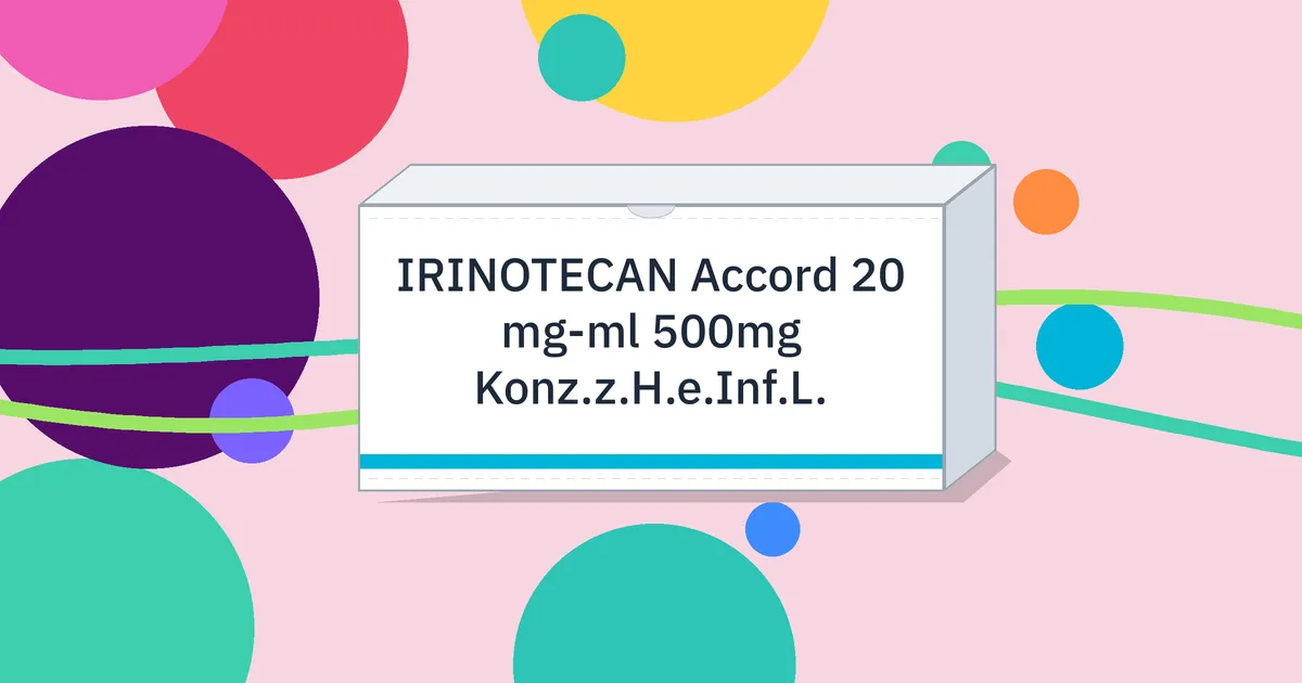 Symbolbild: Packung mit der Aufschrift IRINOTECAN Accord 20 mg-ml 500mg Konz.z.H.e.Inf.L. (PZN 12422491) – Verfügbarkeit und Bezug in Apotheken in Frankfurt am Main