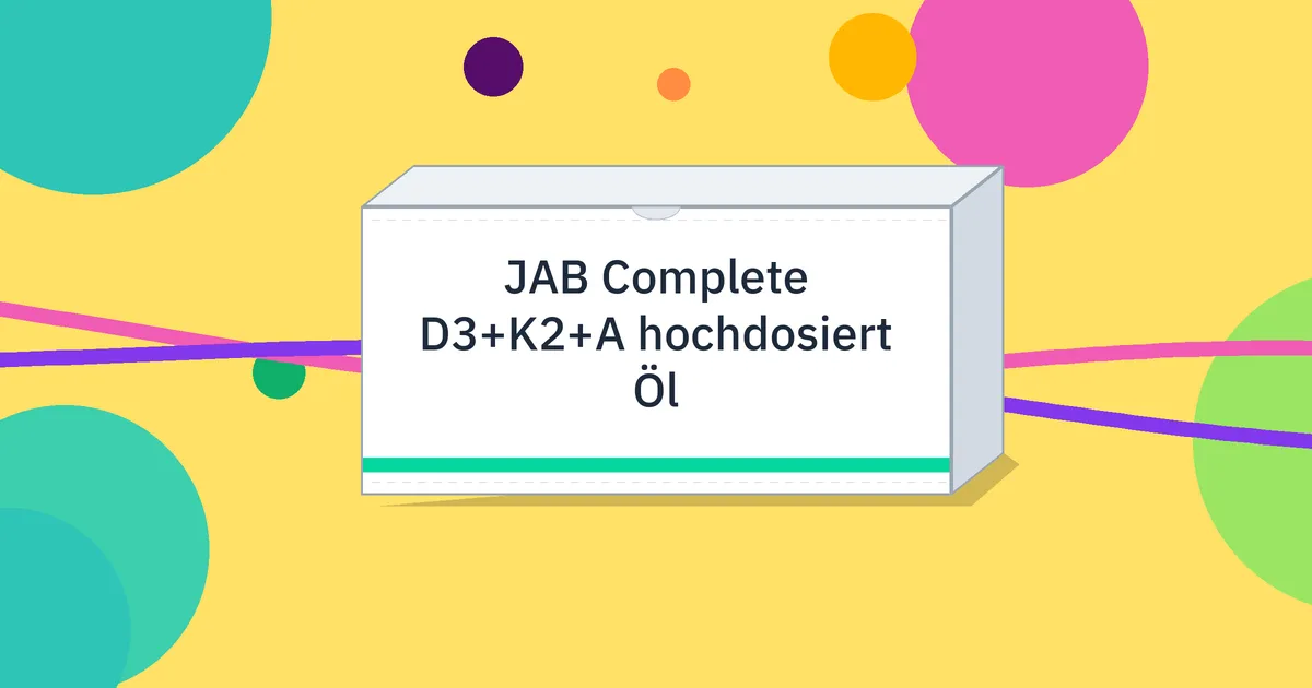 Symbolbild: Packung mit der Aufschrift JAB Complete D3+K2+A hochdosiert Öl (PZN 18744646) – Verfügbarkeit und Bezug in Apotheken in Frankfurt am Main