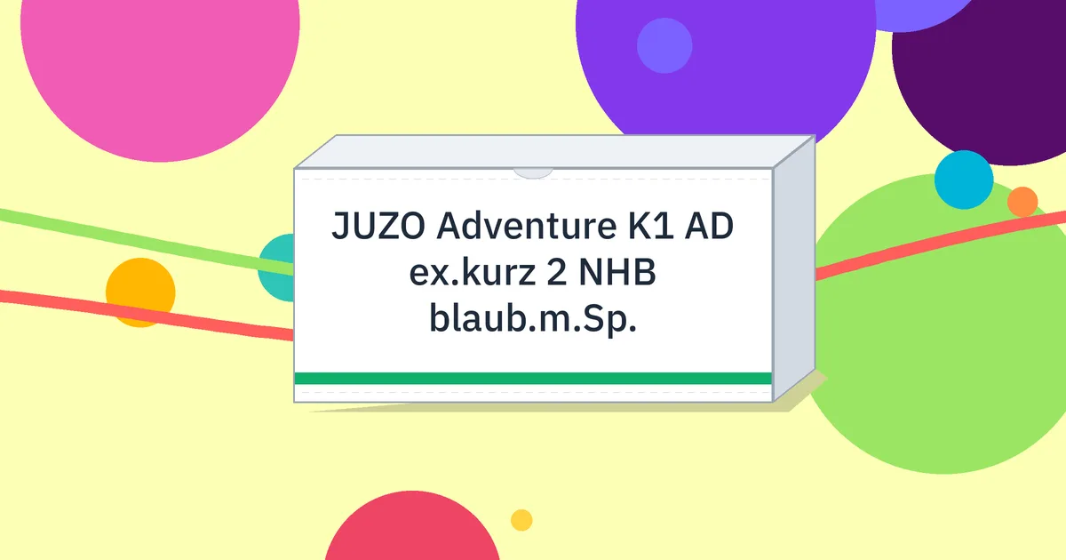 Symbolbild: Packung mit der Aufschrift JUZO Adventure K1 AD ex.kurz 2 NHB blaub.m.Sp. (PZN 16346640) – Verfügbarkeit und Bezug in Apotheken in Frankfurt am Main
