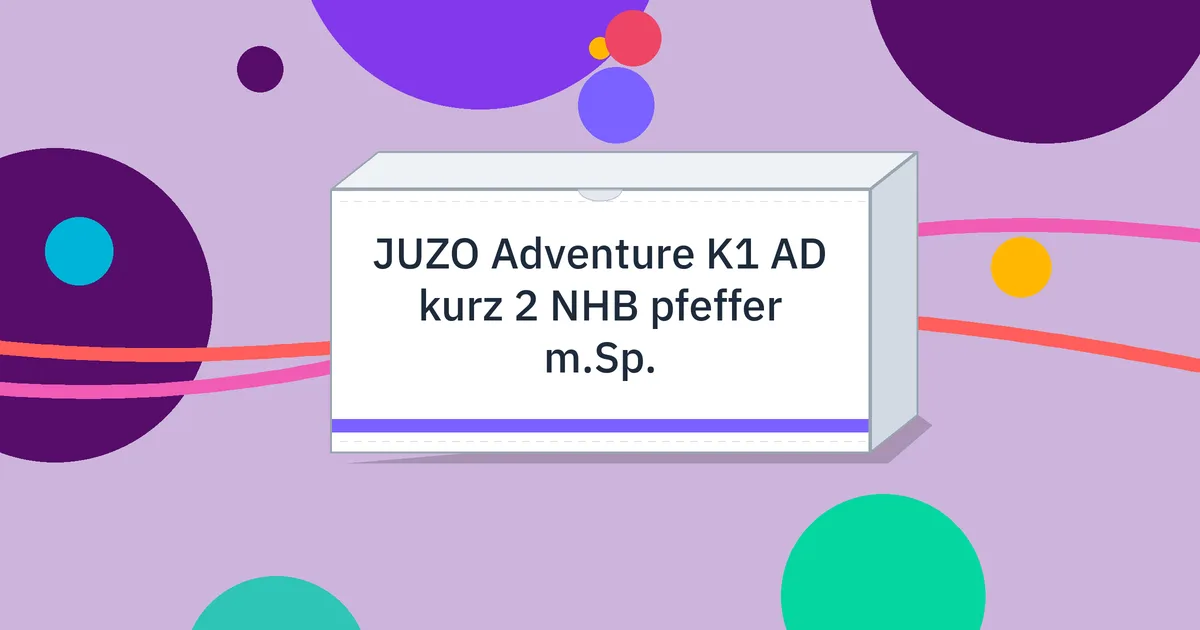 Symbolbild: Packung mit der Aufschrift JUZO Adventure K1 AD kurz 2 NHB pfeffer m.Sp. (PZN 14975053) – Verfügbarkeit und Bezug in Apotheken in Frankfurt am Main