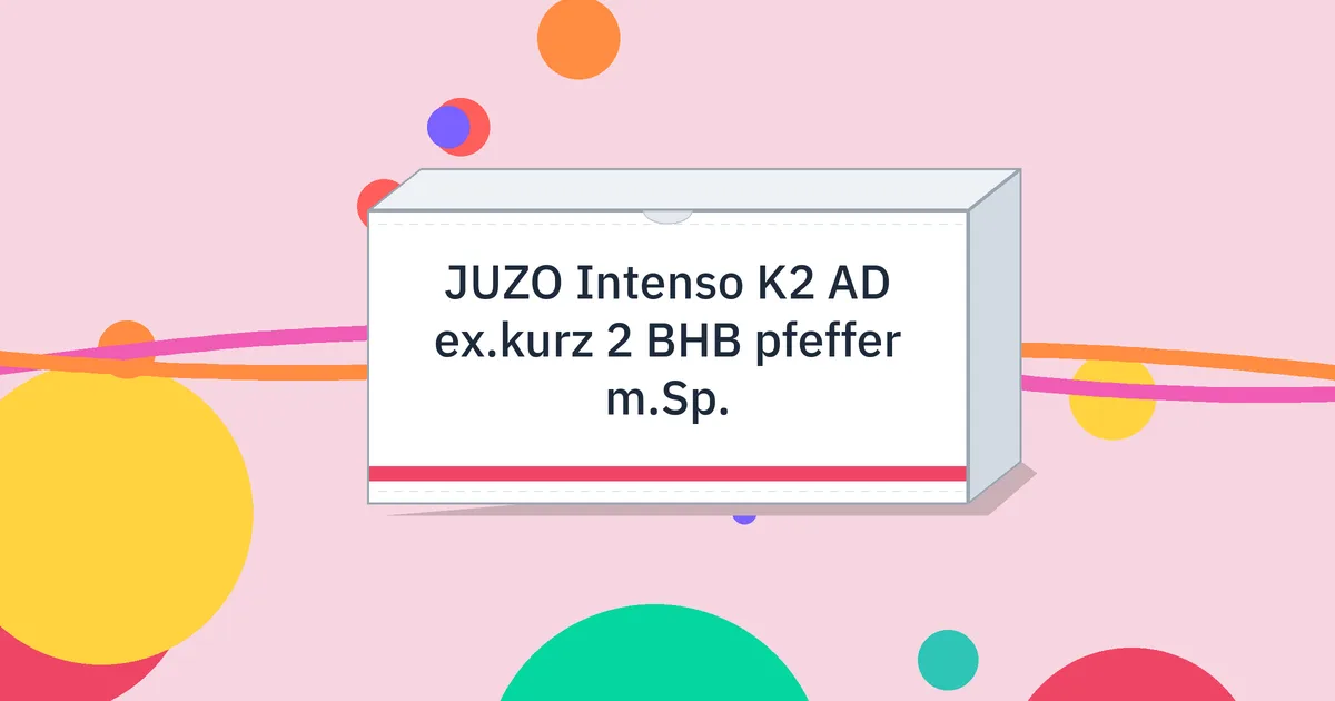 Symbolbild: Packung mit der Aufschrift JUZO Intenso K2 AD ex.kurz 2 BHB pfeffer m.Sp. (PZN 18614903) – Verfügbarkeit und Bezug in Apotheken in Frankfurt am Main