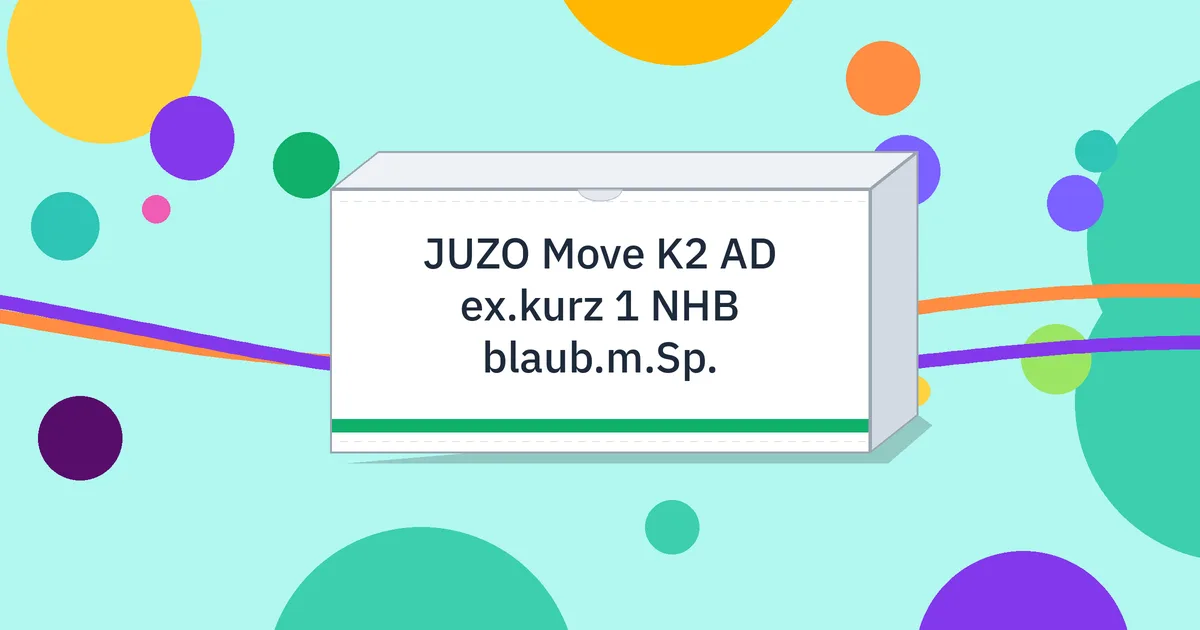 Symbolbild: Packung mit der Aufschrift JUZO Move K2 AD ex.kurz 1 NHB blaub.m.Sp. (PZN 18541707) – Verfügbarkeit und Bezug in Apotheken in Frankfurt am Main