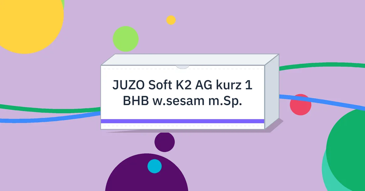 Symbolbild: Packung mit der Aufschrift JUZO Soft K2 AG kurz 1 BHB w.sesam m.Sp. (PZN 14841967) – Verfügbarkeit und Bezug in Apotheken in Frankfurt am Main