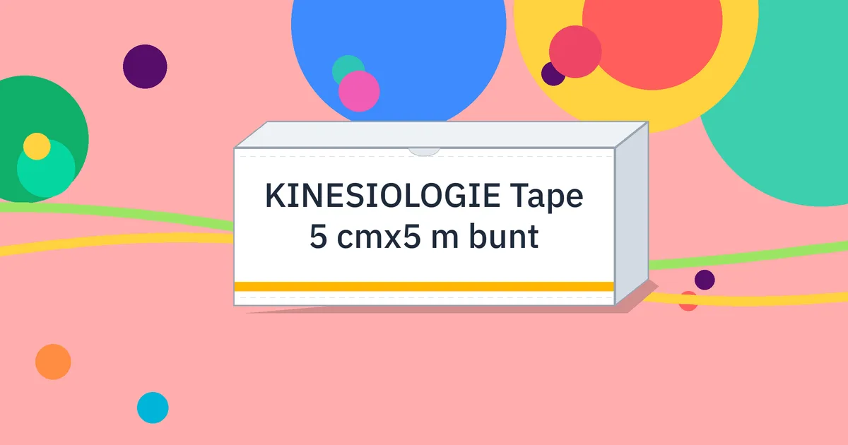 Symbolbild: Packung mit der Aufschrift KINESIOLOGIE Tape 5 cmx5 m bunt (PZN 17184300) – Verfügbarkeit und Bezug in Apotheken in Frankfurt am Main