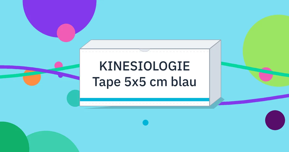 Symbolbild: Packung mit der Aufschrift KINESIOLOGIE Tape 5x5 cm blau (PZN 08761572) – Verfügbarkeit und Bezug in Apotheken in Frankfurt am Main