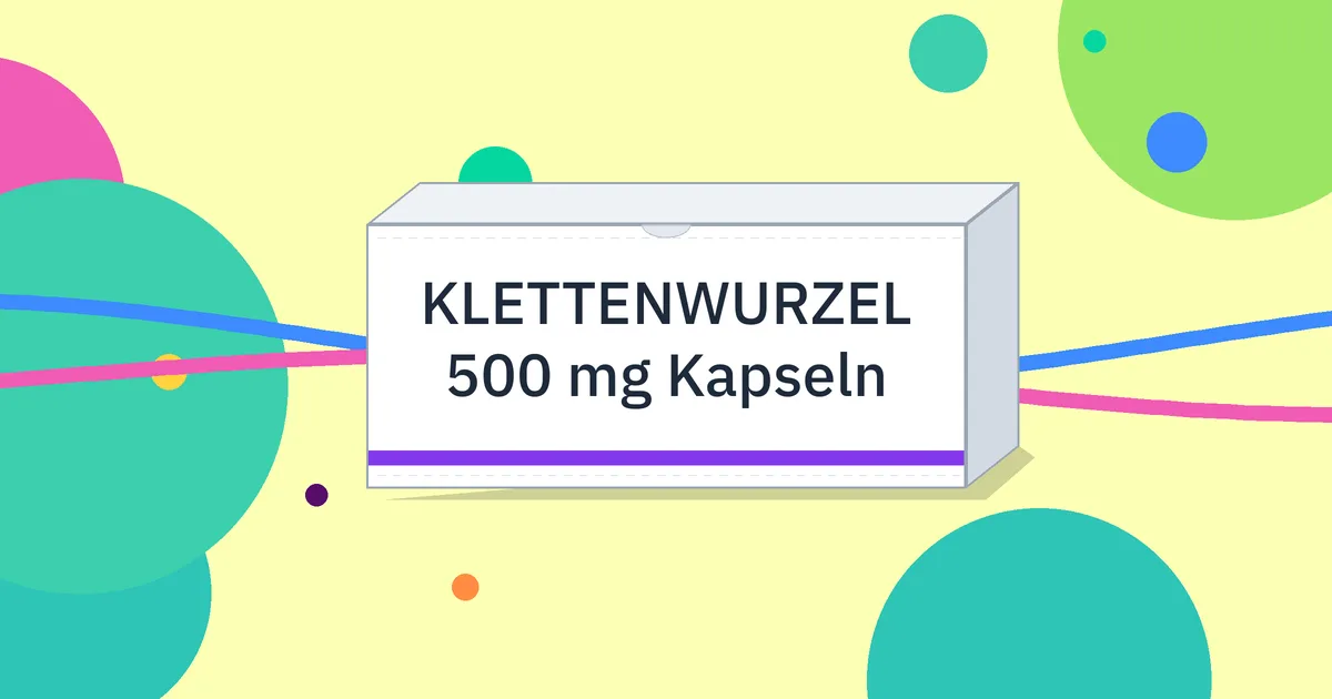 Symbolbild: Packung mit der Aufschrift KLETTENWURZEL 500 mg Kapseln (PZN 17550704) – Verfügbarkeit und Bezug in Apotheken in Frankfurt am Main