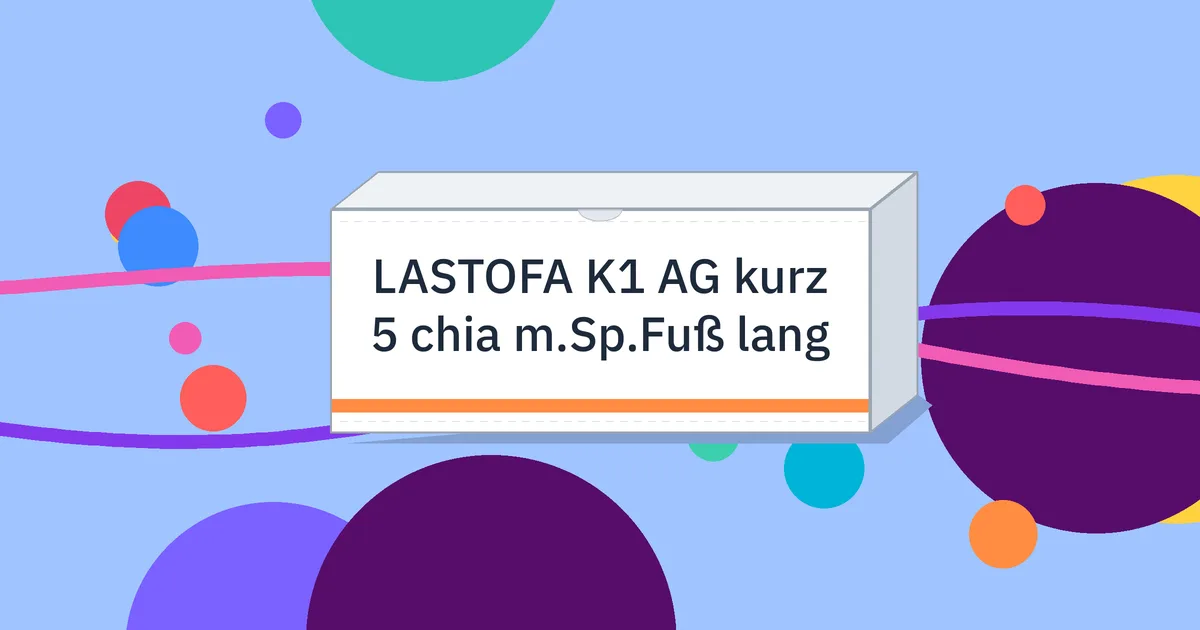 Symbolbild: Packung mit der Aufschrift LASTOFA K1 AG kurz 5 chia m.Sp.Fuß lang (PZN 13792913) – Verfügbarkeit und Bezug in Apotheken in Frankfurt am Main