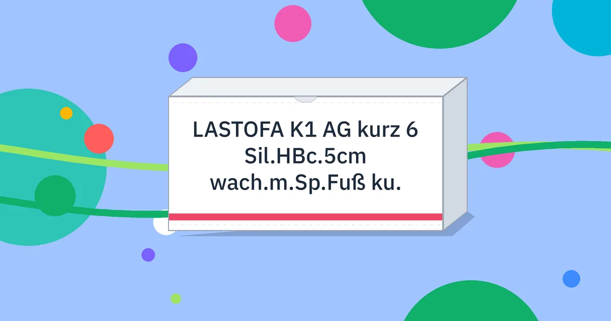 Symbolbild: Packung mit der Aufschrift LASTOFA K1 AG kurz 6 Sil.HBc.5cm wach.m.Sp.Fuß ku. (PZN 13794438) – Verfügbarkeit und Bezug in Apotheken in Frankfurt am Main