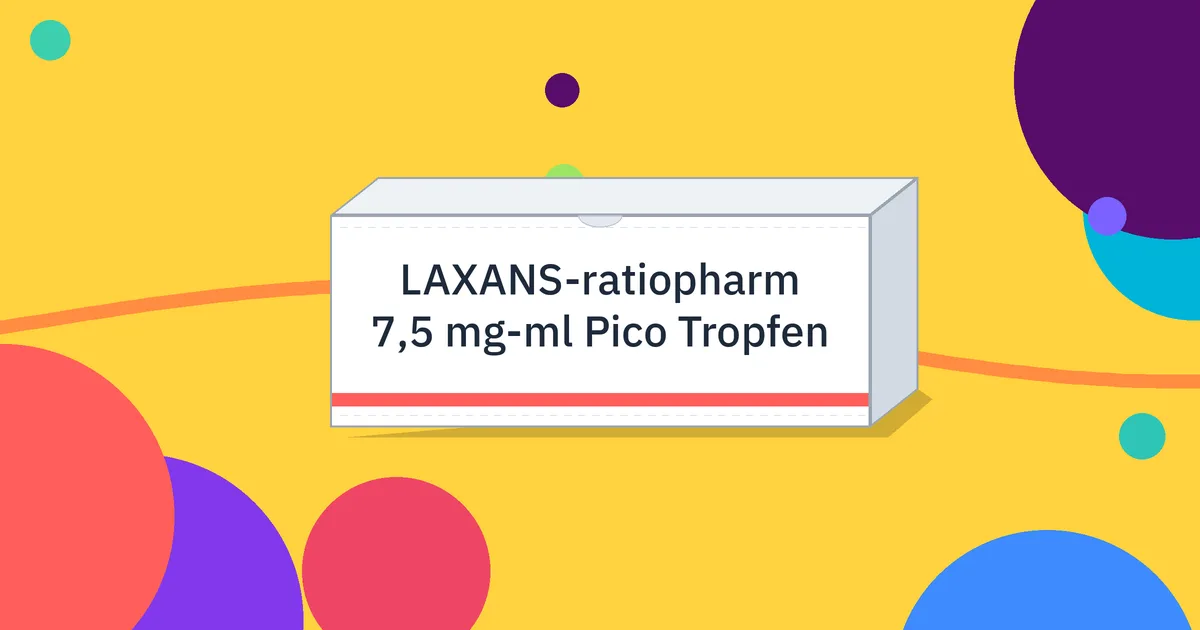 Symbolbild: Packung mit der Aufschrift LAXANS-ratiopharm 7,5 mg-ml Pico Tropfen (PZN 04687809) – Verfügbarkeit und Bezug in Apotheken in Frankfurt am Main