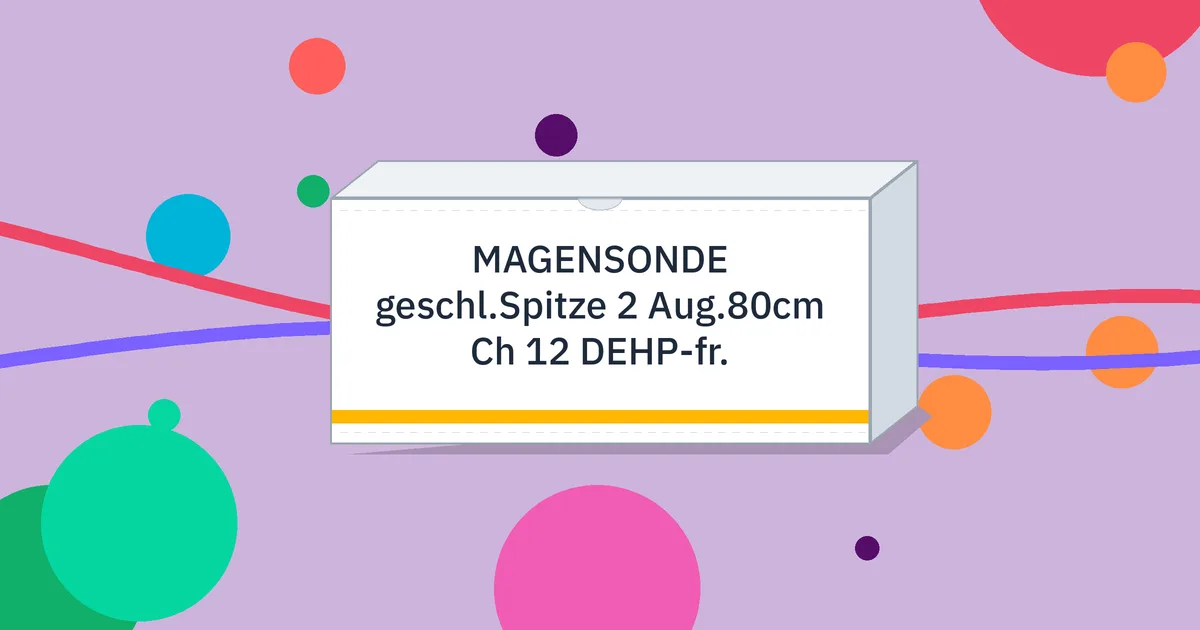 Symbolbild: Packung mit der Aufschrift MAGENSONDE geschl.Spitze 2 Aug.80cm Ch 12 DEHP-fr. (PZN 14024501) – Verfügbarkeit und Bezug in Apotheken in Frankfurt am Main