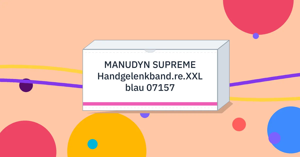Symbolbild: Packung mit der Aufschrift MANUDYN SUPREME Handgelenkband.re.XXL blau 07157 (PZN 16931108) – Verfügbarkeit und Bezug in Apotheken in Frankfurt am Main