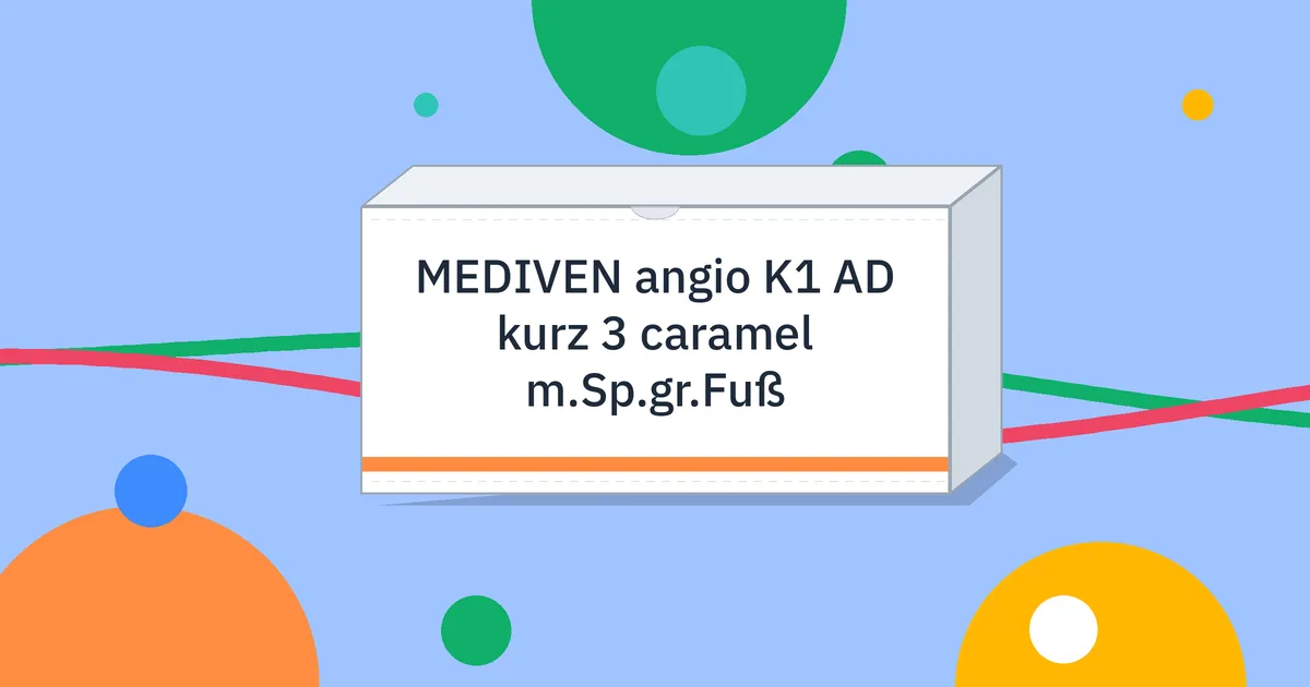 Symbolbild: Packung mit der Aufschrift MEDIVEN angio K1 AD kurz 3 caramel m.Sp.gr.Fuß (PZN 17210368) – Verfügbarkeit und Bezug in Apotheken in Frankfurt am Main