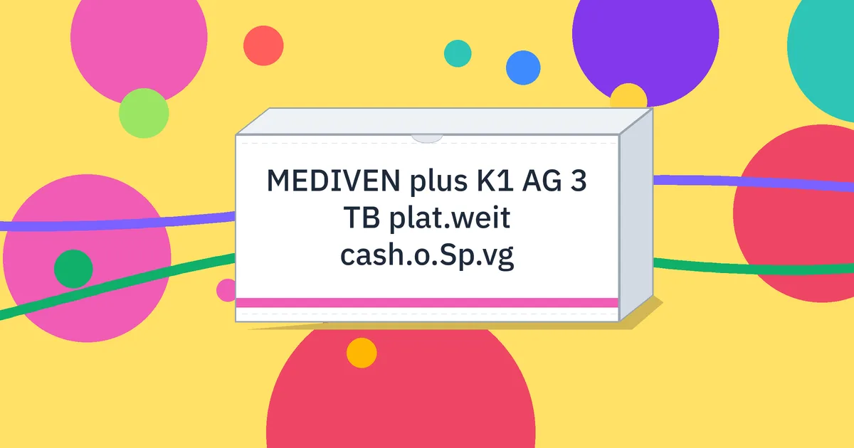 Symbolbild: Packung mit der Aufschrift MEDIVEN plus K1 AG 3 TB plat.weit cash.o.Sp.vg (PZN 15061094) – Verfügbarkeit und Bezug in Apotheken in Frankfurt am Main