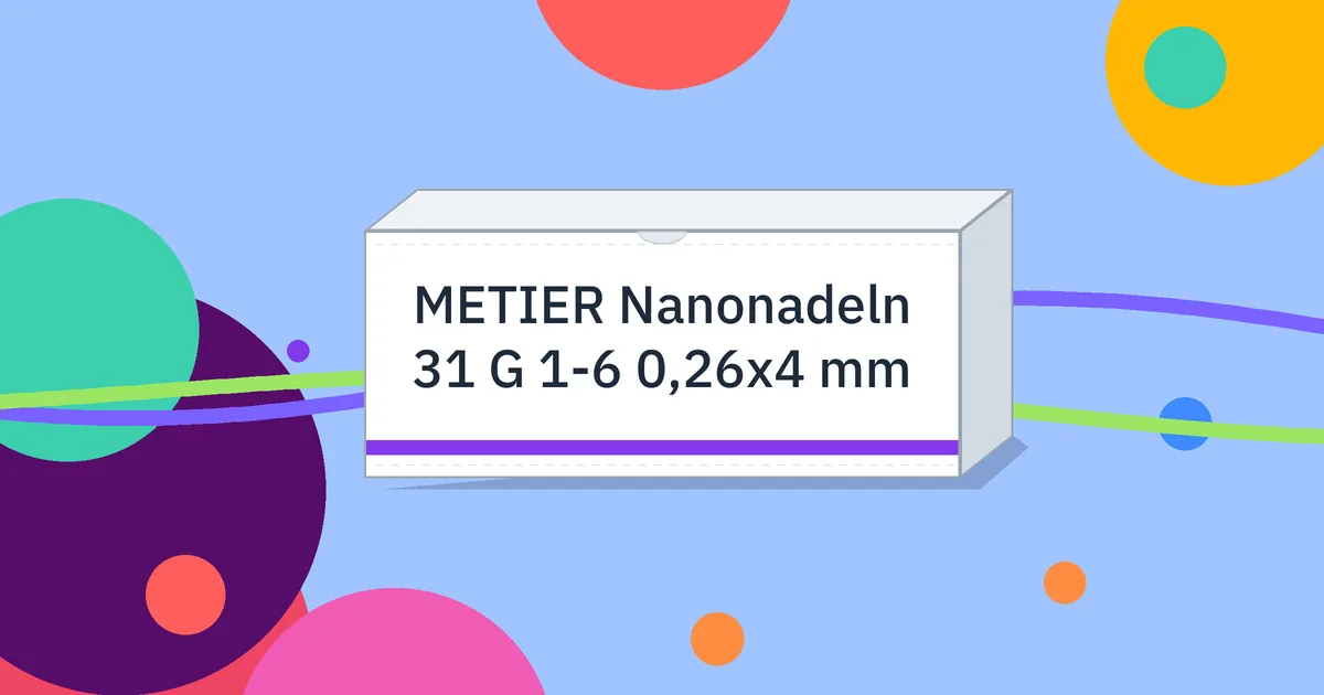 Symbolbild: Packung mit der Aufschrift METIER Nanonadeln 31 G 1-6 0,26x4 mm (PZN 18788939) – Verfügbarkeit und Bezug in Apotheken in Frankfurt am Main