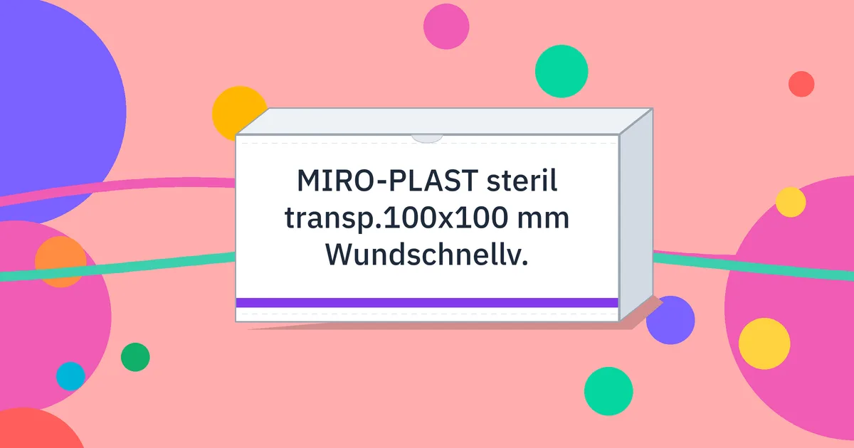 Symbolbild: Packung mit der Aufschrift MIRO-PLAST steril transp.100x100 mm Wundschnellv. (PZN 06476933) – Verfügbarkeit und Bezug in Apotheken in Frankfurt am Main