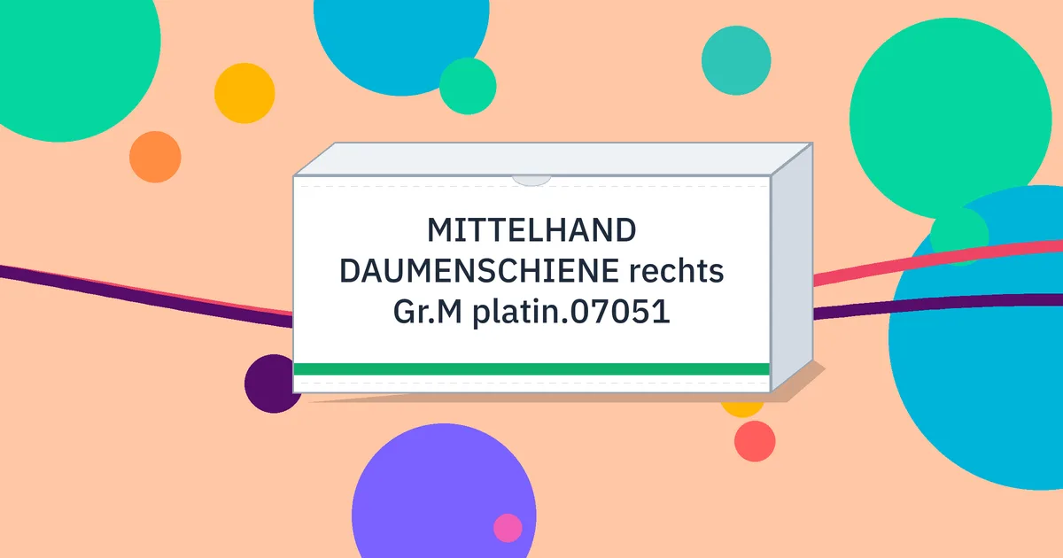 Symbolbild: Packung mit der Aufschrift MITTELHAND DAUMENSCHIENE rechts Gr.M platin.07051 (PZN 13987108) – Verfügbarkeit und Bezug in Apotheken in Frankfurt am Main