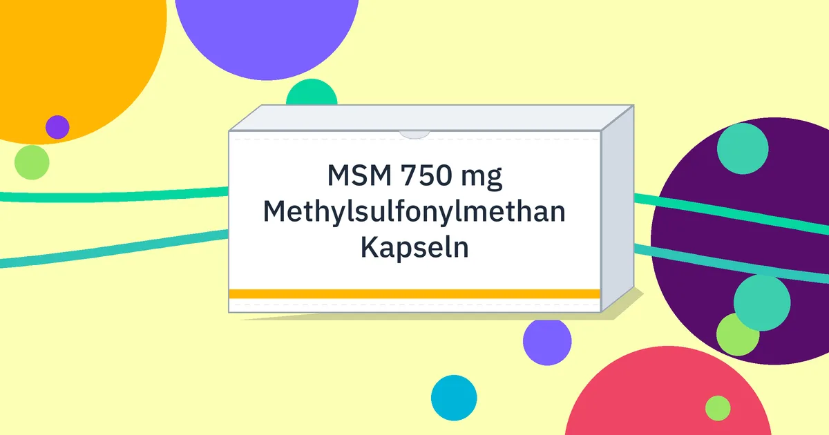 Symbolbild: Packung mit der Aufschrift MSM 750 mg Methylsulfonylmethan Kapseln (PZN 16499817) – Verfügbarkeit und Bezug in Apotheken in Frankfurt am Main